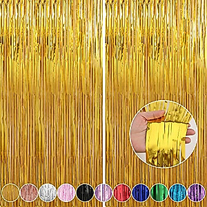 Crosize 2 Pack 3.3 x 9.9 ft Gold Foil Fringe Curtains Party Decorations, Gold Tinsel Curtain Backdrop for Parties, Door Streamers, Glitter Streamer fringe backdrop for Birthday Decoration, Baby Shower