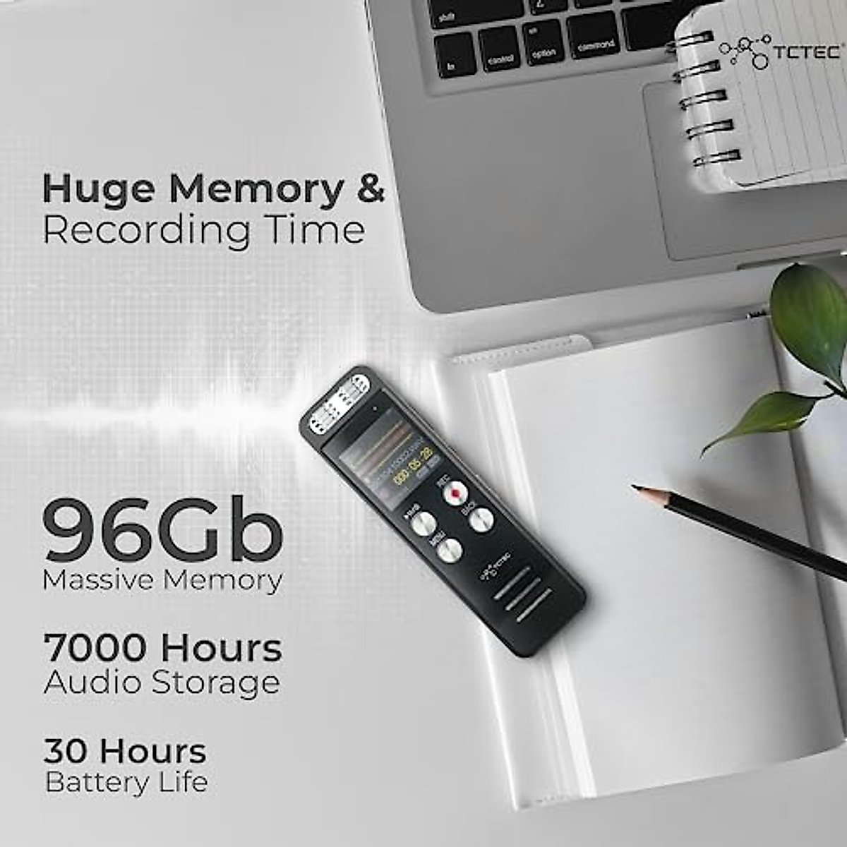 96GB TCTEC Digital Voice Recorder, Voice Activated Recorder with 7000 Hours Recording Capacity, Audio Noise Reduction, Sound Tape Recorder with Playback, Clip-on Mic Dictaphone for Meeting, Lecture