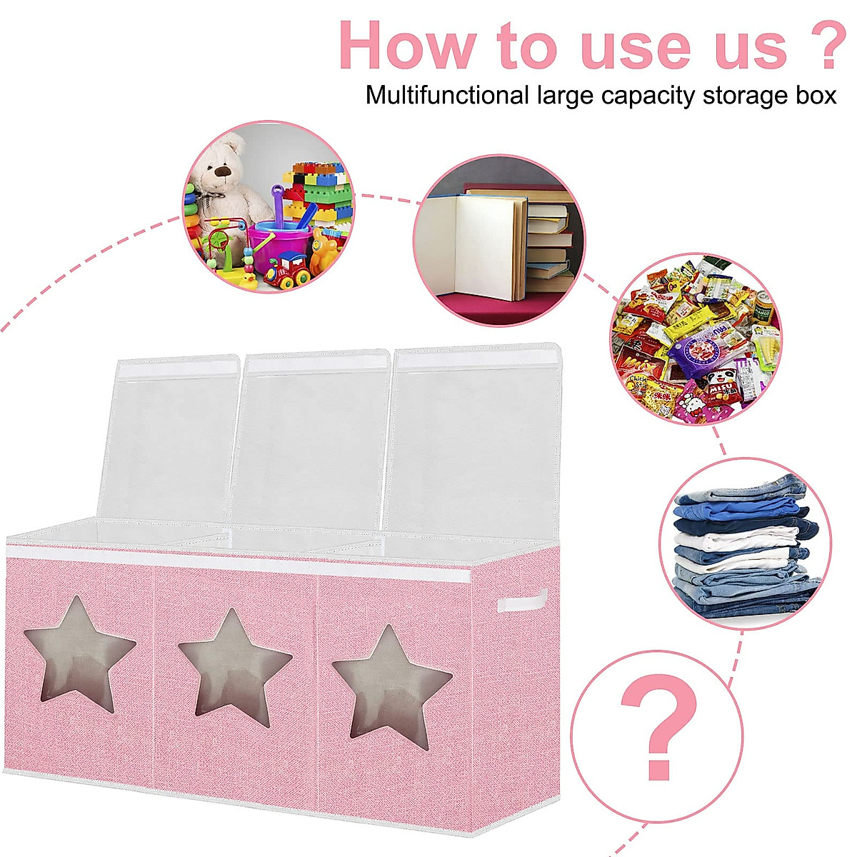 Xmasorme Toy Box for Girls,Extra Large Toy Storage Organizer Bins with Star Transparent Windows,Sturdy Handles and Mesh Bag, Foldable Storage Box for Nursery, Playroom, Bedroom(Pink)