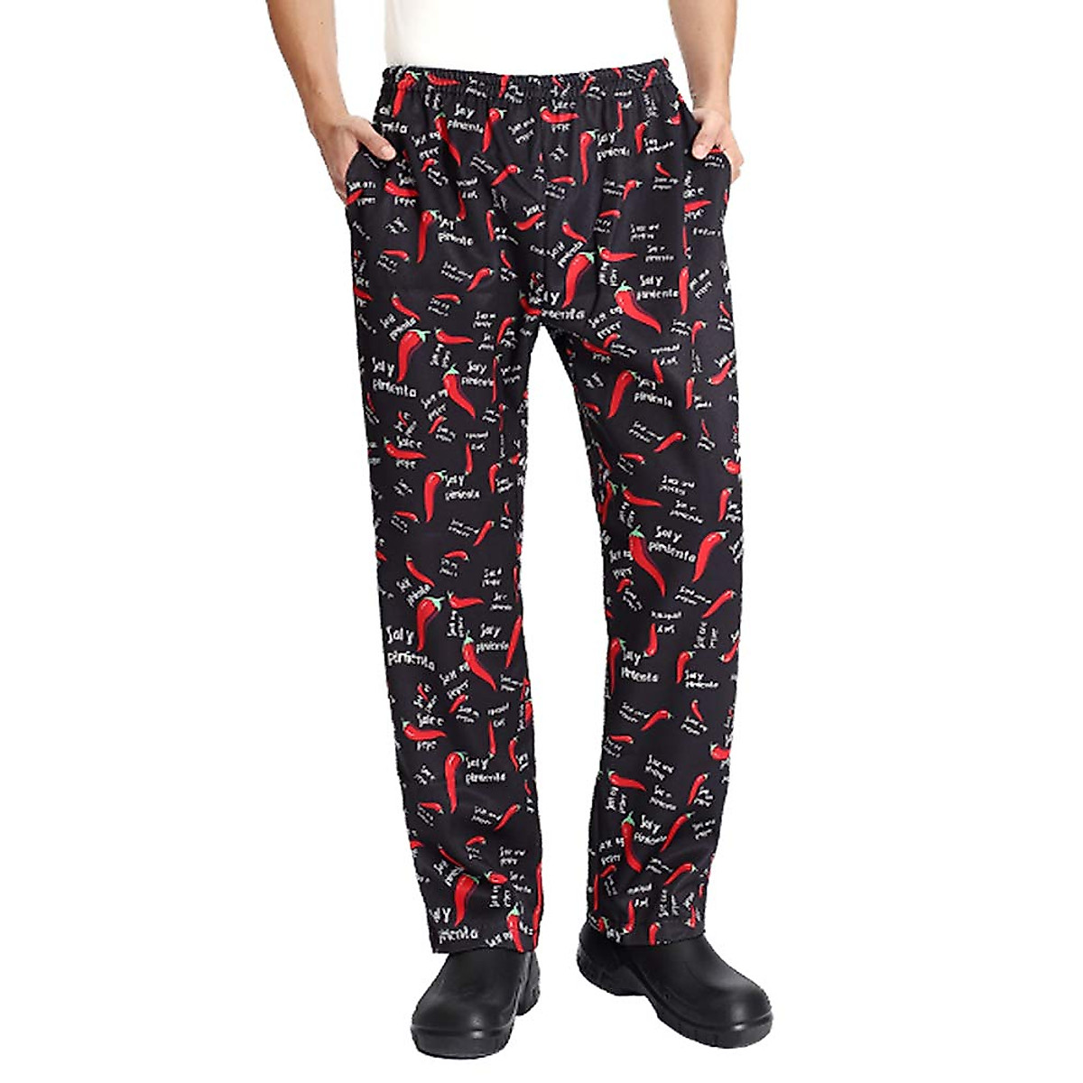 Men's Elastic Baggy Chef's Pants Floral Restaurant Work Pant and Cook Pant Uniform Pepper L