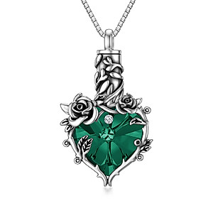 TOUPOP Emerald Rose Urn Necklace for Ashes for Women with s925 Silver Heart Crystal Rose Flower Ashes Pendant Necklaces Cremation Jewelry for Ashes Memorial Gift for Women Keepsake w/Funnel