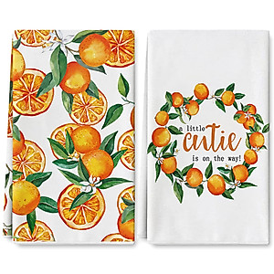 AnyDesign Orange Kitchen Dish Towel 18 x 28 Inch Little Cutie Tangerine Dishcloth Watercolor Fruit Decorative Hand Drying Tea Towel for Cooking Baking Cleaning Wipes, Set of 2