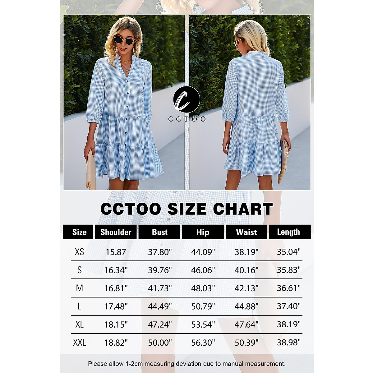 CCTOO Women’s Summer Dresses Casual V Neck Button Down 3/4 Sleeve Floral Print Loose Flowy Shirt Dress Blue Medium