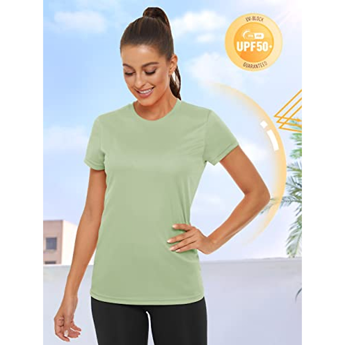 TACVASEN Women's Rash Guard UPF 50+ Hiking Running Outdoor Short Sleeve Summer Solid Workout Shirts, Light Green, M