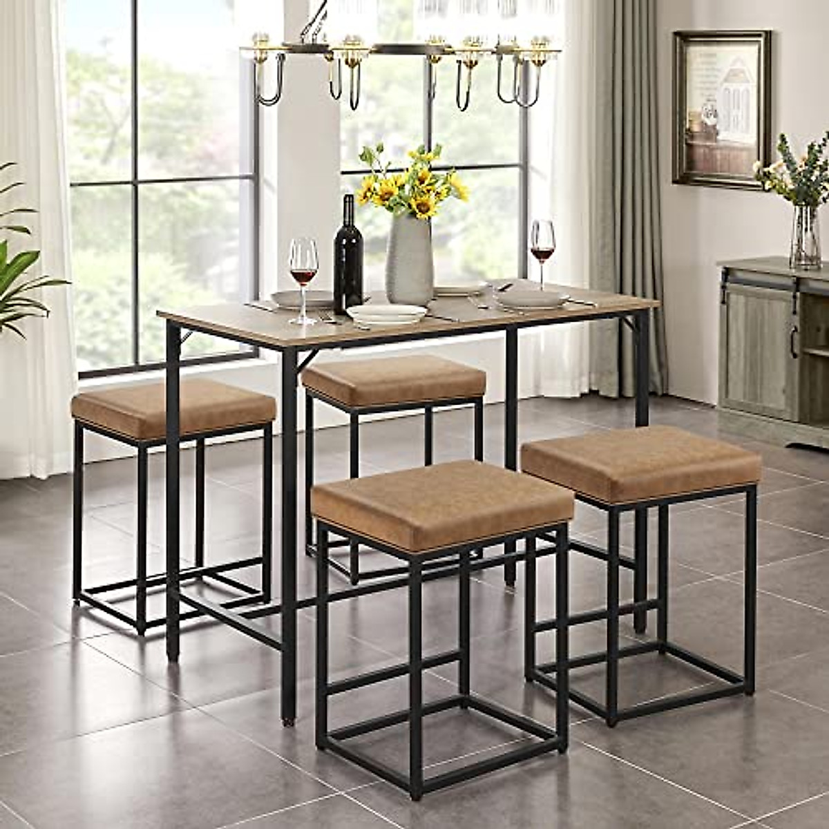 Yaheetech 24" Metal Barstools Set of 4 Counter Height Bar Stools Backless Industrial Stool Modern Upholstered Leather Stools Dining Cafe Chair Brown