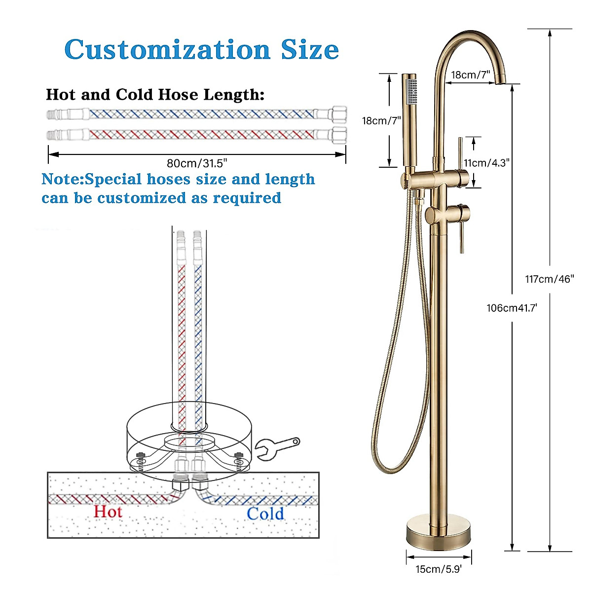 YAGATAP Freestanding Bathtub Faucet Floor Mount Tub Filler Brushed Gold High Flow Shower Faucets with Handheld Shower Mixer Taps Swivel Spout
