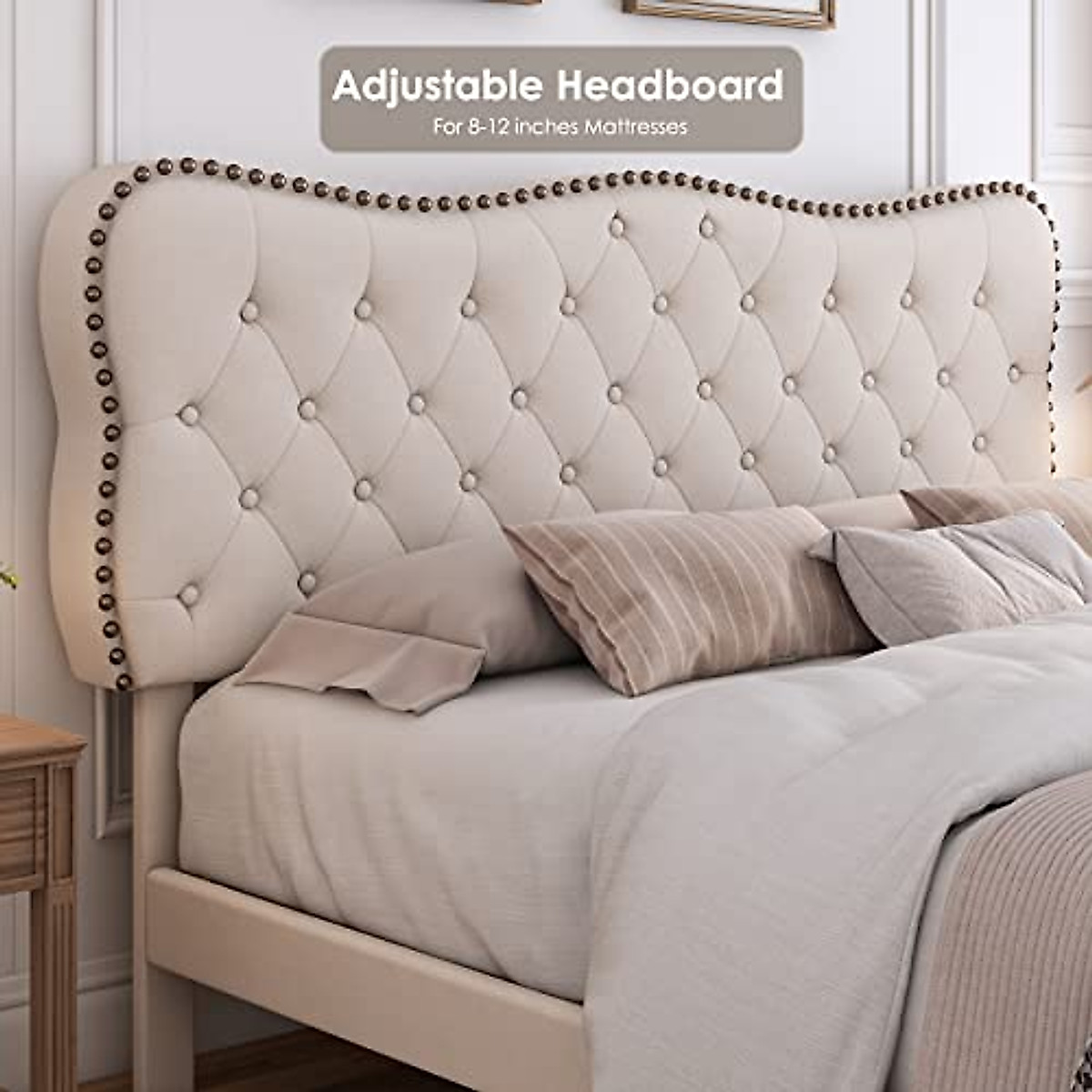 HOSTACK Full Size Bed Frame, Linen Fabric Upholstered Platform with Adjustable Headboard, Diamond Tufted Mattress Foundation with Wood Slats, Easy Assembly, No Box Spring Needed, Beige