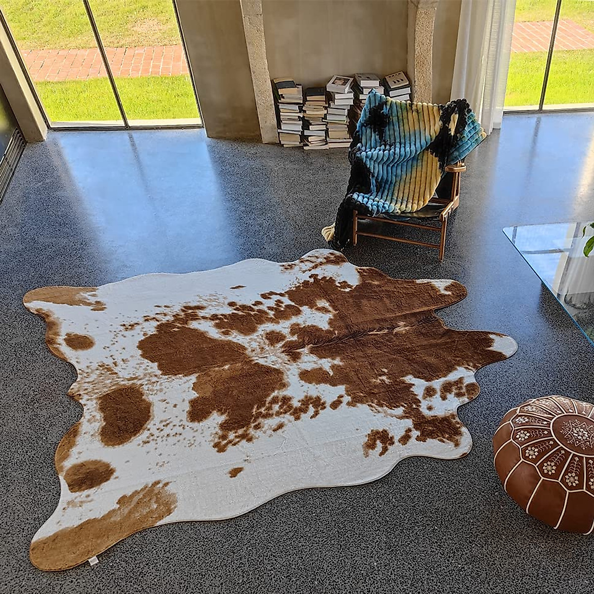 rugoo Premium Brown Cowhide Rug 6.4 ft x 8.5 ft Faux Cowhide Rug Cow Print Rug Faux Animal Skin Rug for Living Room Bedroom Nursery Western Decor