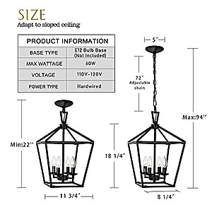 Untrammelife 4-Light Black Lantern Pendant Light, Adjustable Height Square Cage Pendant Hanging Lighting Fixture 11’’ Rustic Lantern Chandelier for Dining Room Kitchen Island Foyer