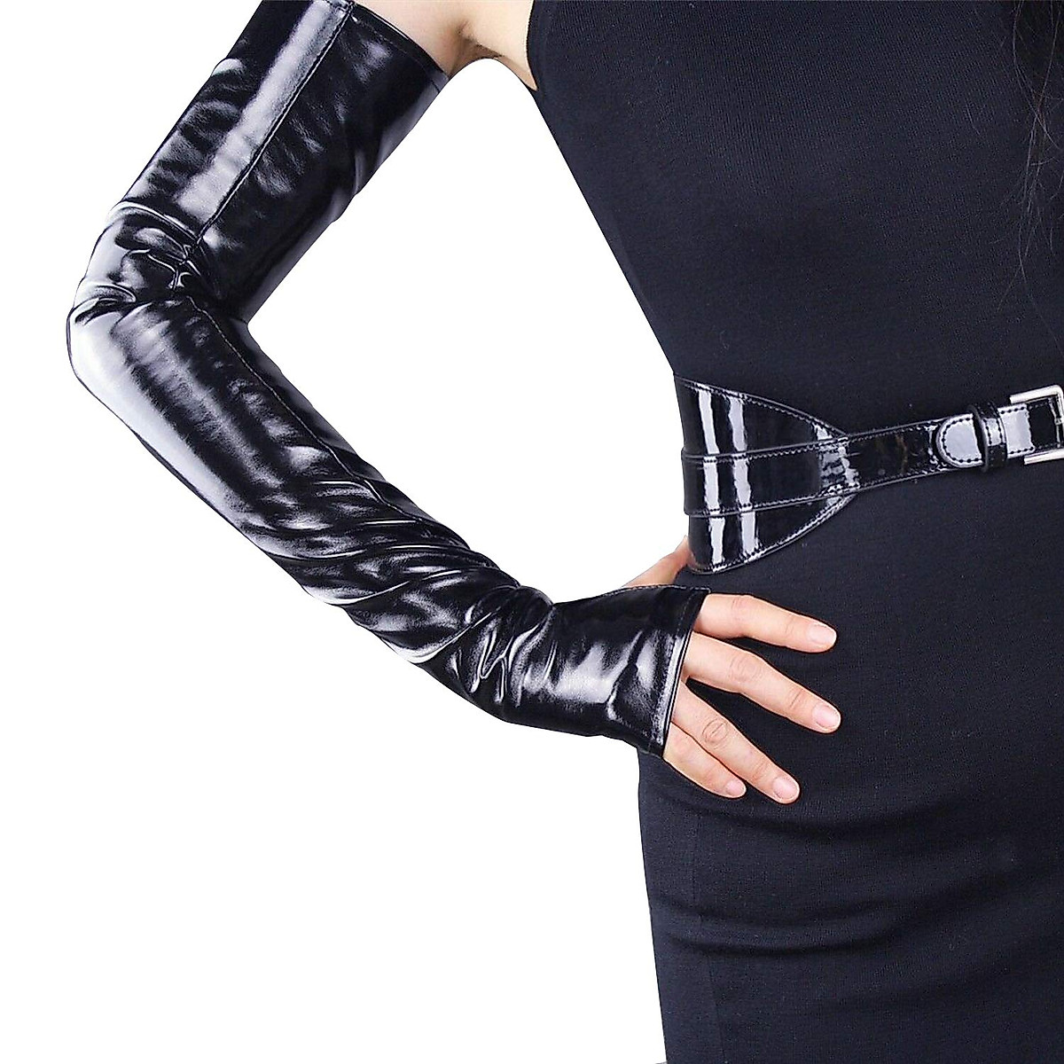 DooWay Opera Long Leather Fingless Gloves for Women Costume Party PU Arm Warmer 24 inches Shiny Black