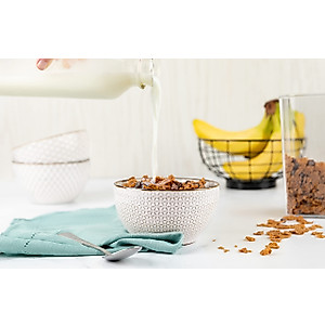 KooK Ceramic Cereal Bowls, Embossed, for Yogurt, Dessert and Poke, Microwave & Dishwasher Safe, Cream with Dark Copper Accents, Set of 4, 22 oz, Narbonne Collection