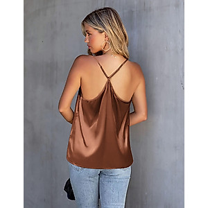 Ekouaer Silk Tank Top for Women Mesh V Neck Satin Camisole Silky Sleeveless Tank Cami Shirt Light Coffee