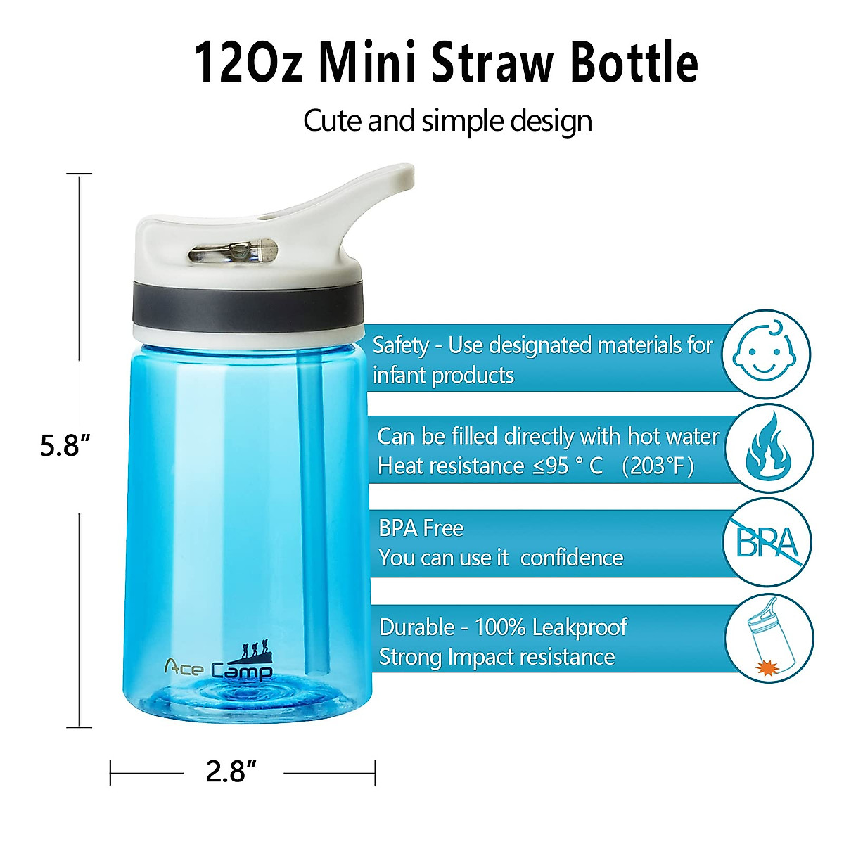 AceCamp 12oz Small Water Bottle 2 Pack with Straw for Kids and Adults BPA Free Tritan Sports Fitness Bottle Leak-Proof Durable Blue/Pink