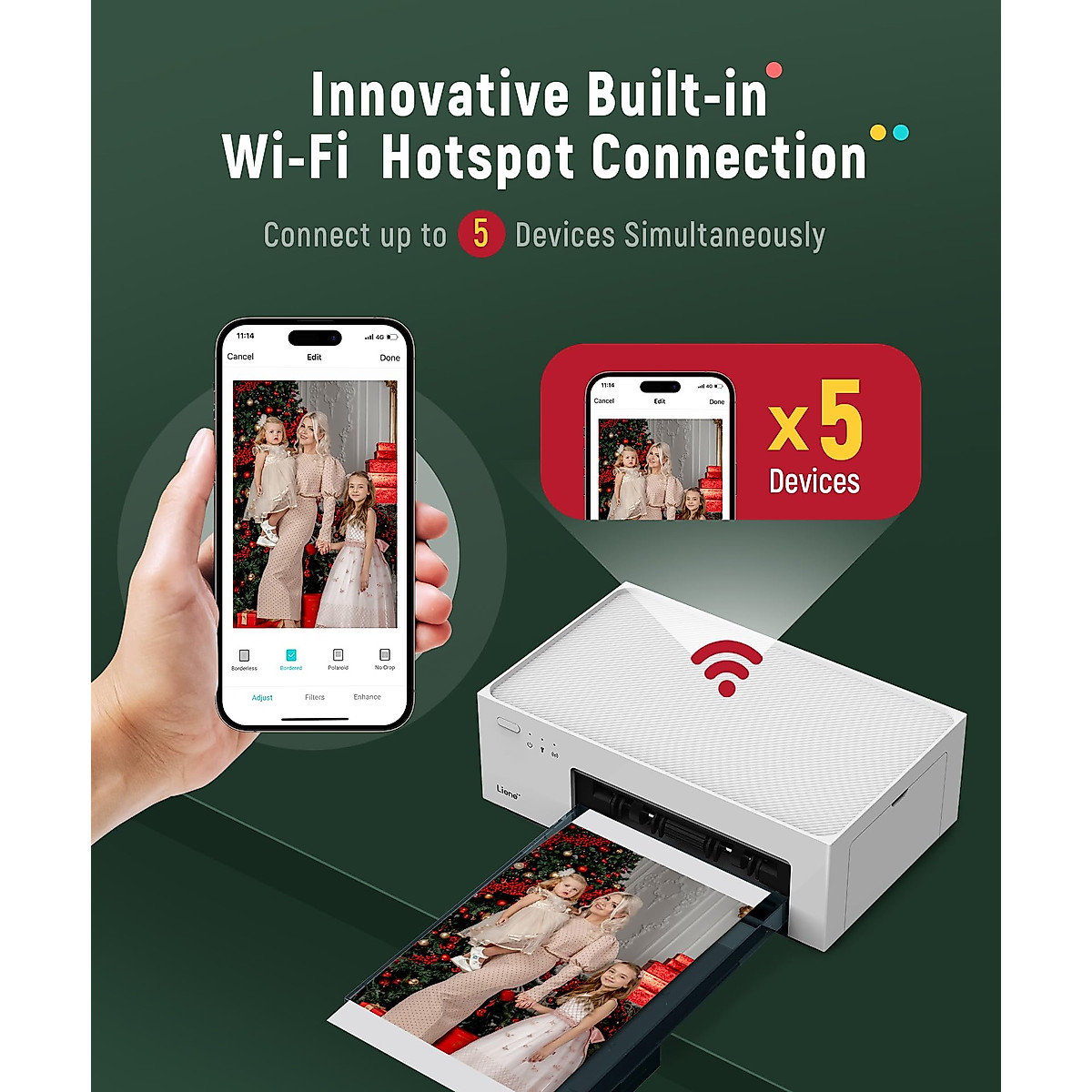 Liene 4x6'' Photo Printer Bundle (60 pcs +2 Ink Cartridges), Wi-Fi Picture Printer, Photo Printer for iPhone, Android, Smartphone, Computer, Dye-Sublimation, Portable Photo Printer for Home Use