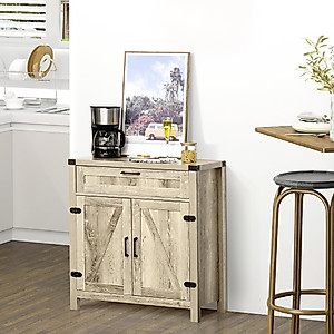HOMCOM Sideboard Buffet Cabinet with Storage Drawer, Modern Farmhouse Kitchen Cabinet with 2 Barn Doors, Coffee Bar Cabinet, Oak