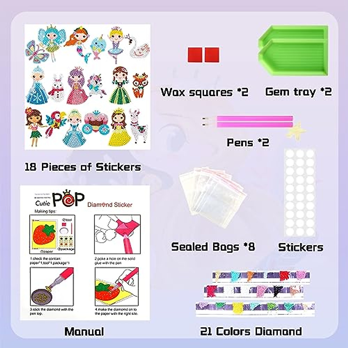 Cymbana Diamond Painting Kits for Kids 18 Pcs Princess and Their Buddy Gen Art Sticker for Kids Ages 6-8 8-12 Contains Unicorn, Mermaid