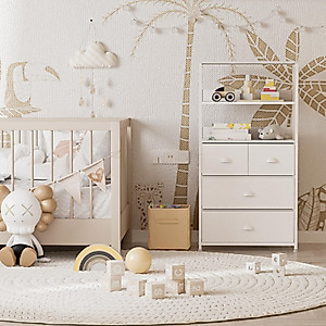 Furnulem White Dresser with 4 Fabric Bins, Tall Storage Tower with 3-Tier Shelf Vertical Standing Chest Organizer for Closet,Laundry,Bedroom,Living Room,Entryway (White)