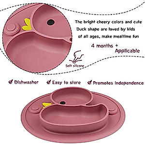 Baby Divided Plate Placemat Silicone- Portable Non Slip Child Feeding Suction Plate for Children Babies and Kids BPA Free Baby Dinner Plate Microwave Dishwasher Safe (Duck-Blush)