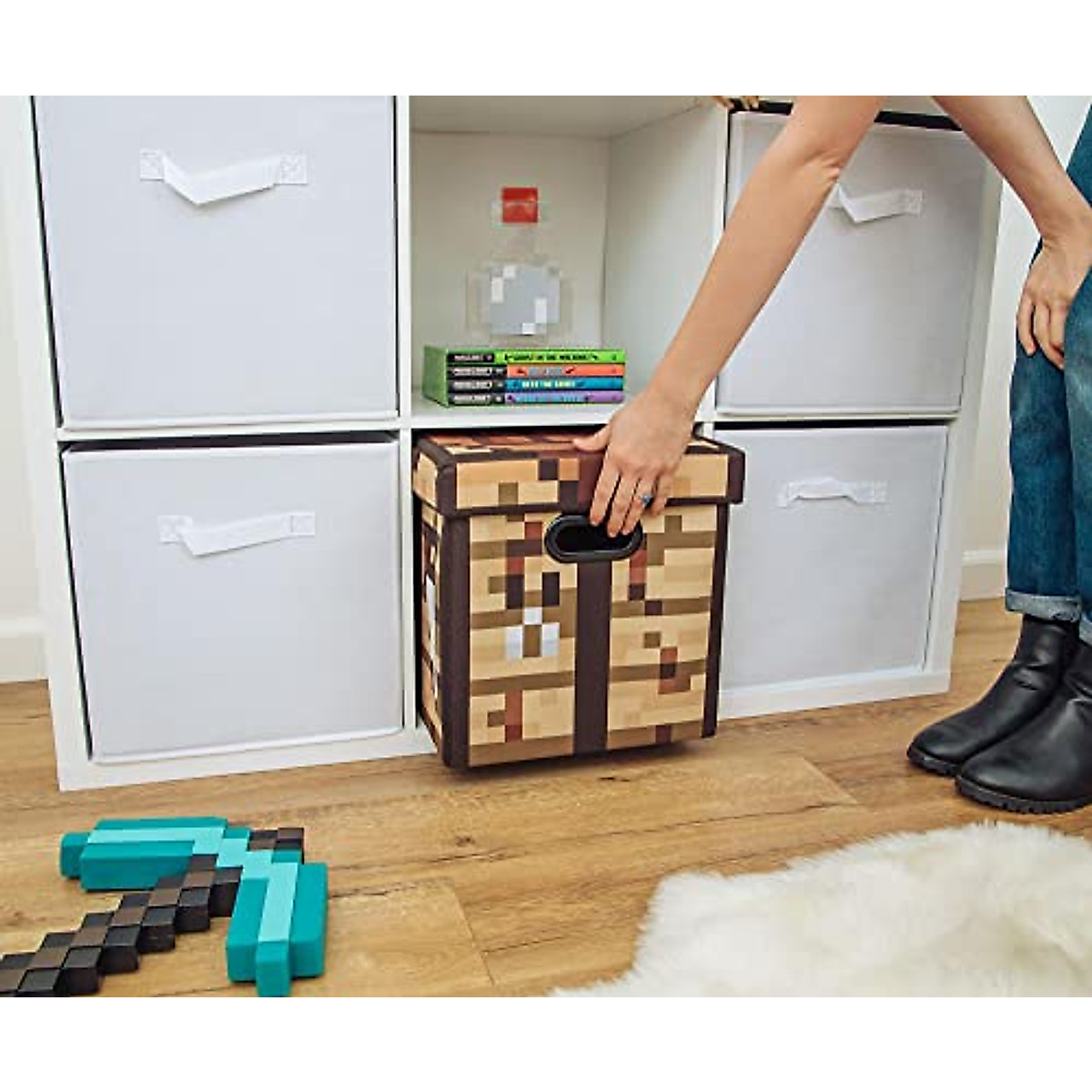 Minecraft Crafting Table 13-Inch Storage Bin Chest With Lid | Foldable Fabric Basket Container, Cube Organizer With Handles, Cubby For Shelves, Closet | Home Decor Essentials, Video Game Gifts