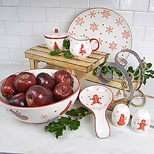 Euro Ceramica Winterfest Collection Festive 16.1" Ceramic 3 Part Divided Appetizer Tray, Hand-Stamped Holiday Design, Red & White