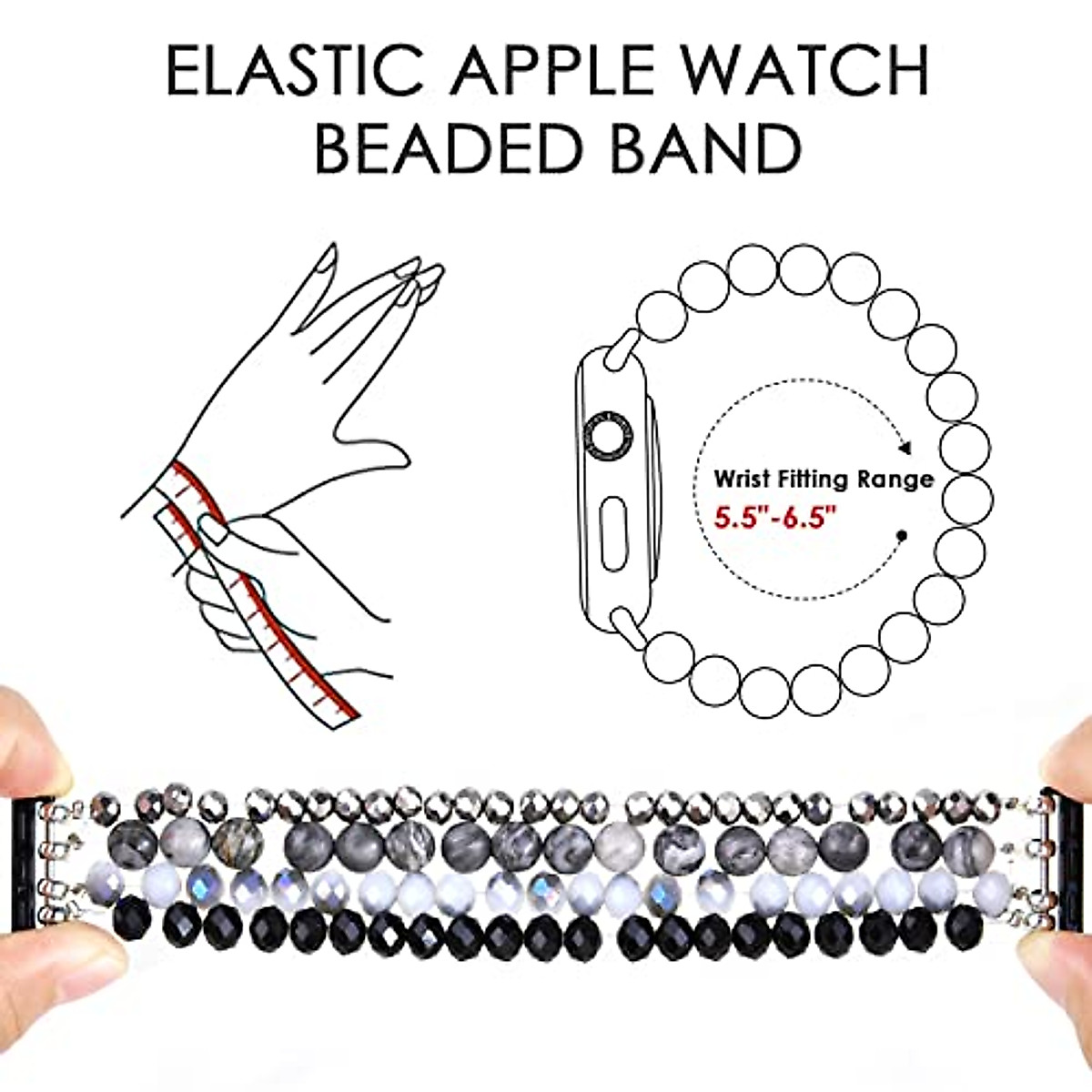 CAGOS Glitter Beaded Compatible with Apple Watch 40mm 41mm Series 8 SE/7/6/5/4 Bands, 38mm iWatch Series 3/2/1 Bracelets, iPhone Watch Band for Women (Grey/Black, 41mm/40mm/38mm)