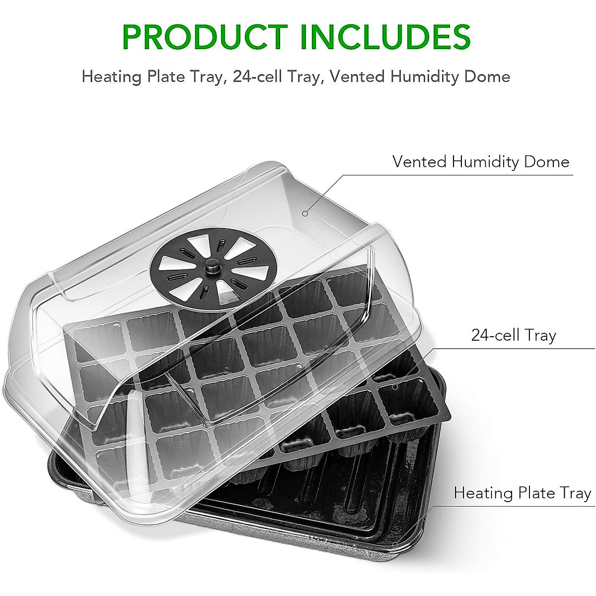 iPower Seed Tray Kits with Heater Garden Propagator Set Seed Starter Tray with Vented Humidity Dome, 15.1" x 9.5", 24 Cell