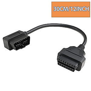 OLLGEN 1ft 30cm OBD-II OBD2 Right Angle 16 Pin Auto Car Male to Female Extension Cable Diagnostic Extender Cord Adapter