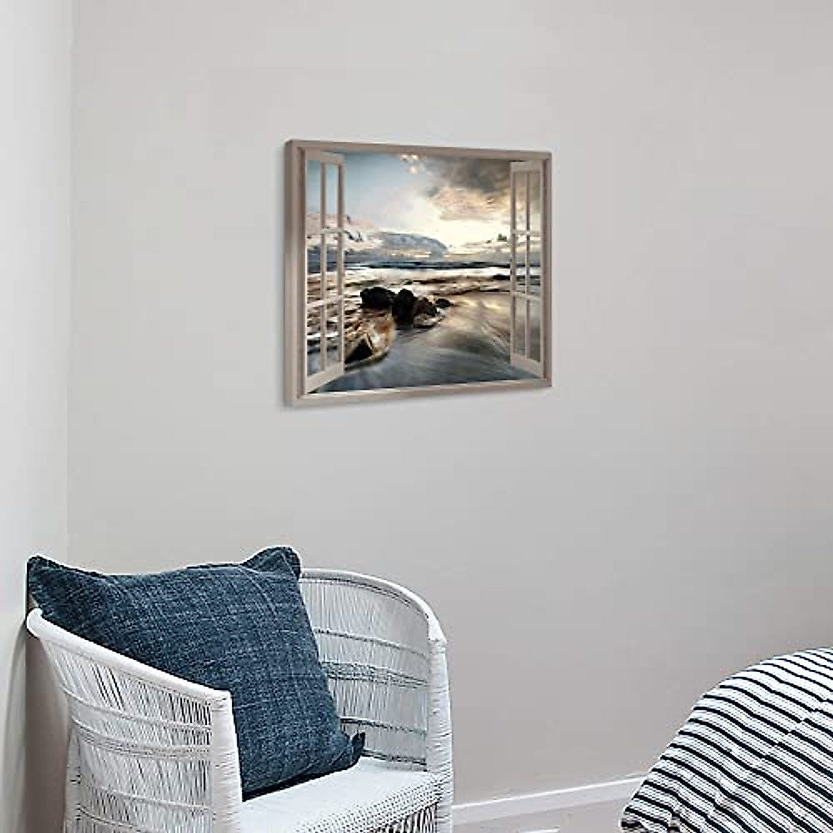Fake Window Coastal Wall Art: Rocky Beach Artwork Lake Under Sunset Canvas Painting Nature Landscape Prints Ocean Clouds Modern Photo Small Quiet Seascape for Bedroom Office Living Room