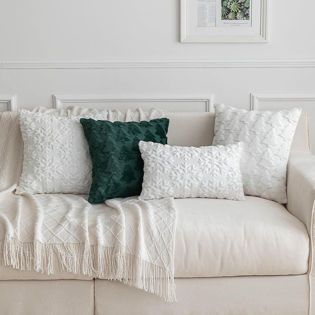 SHITURRE Christmas Snowflake Decorative Throw Pillow Covers Set of 2 Packs, Soft Fluffy Pillowcases for Home Décor, Boho Pillow Covers for Couch Bedroom(White-Snowflake, 18"x18")