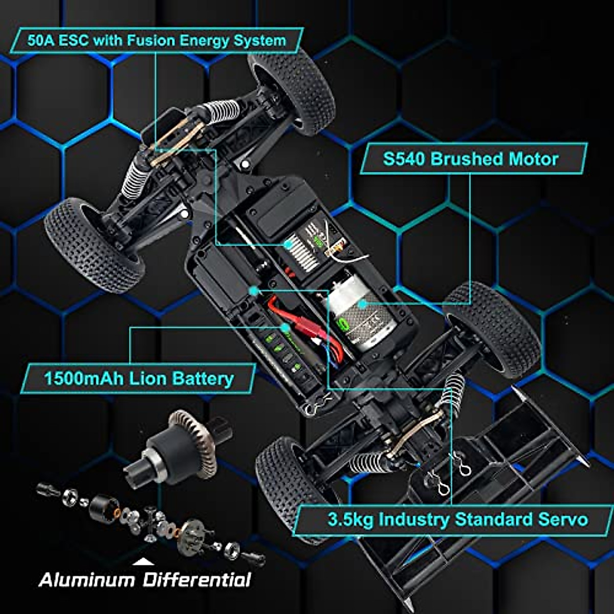 EXBONZAI Remote Control Car 1/12 Hobby RC Buggy 4WD RTR Off-Road RC Drift Car 2.4G for Adults High Speed Racing RC Cars 48+KM/H with 2 Batteries Aluminum Alloy Shock Tower, Kraze (Blue)