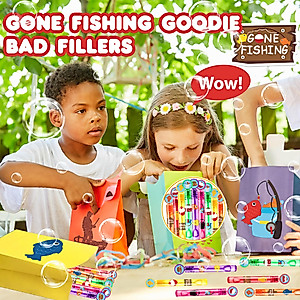 24PCS Gone Fishing DIY Bubble Wands Party Favors 96PCS Stickers for Goodie Bag Fillers Pinata Stuffers, Mini Bubble Bulk Birthday Party Supplies Toys Gifts Class Prizes for Toddlers Boys Girls