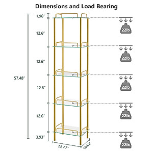 FAVOOSTY 5-Tier Bookcase, Tempered Glass Bookshelves, Narrow Bookshelf for Small Spaces, Storage Rack Display Shelf Slim Shelving Unit for Living Room, Bedroom, Bathroom, Entryway, Office, Golden