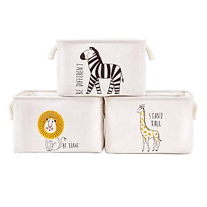 DECOMOMO Storage Baskets for Shelves 25.5L Canvas Storage Bin for Baby Laundry, Kids Toys, Nursery- Closet Storage Bins for Shelves (Lion, Zebra, Giraffe – 3 Pack / Large)