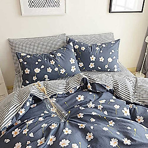HighBuy Floral Duvet Cover Kids Girls Shabby Chic Duvet Cover Set Cotton Striped Reversible Stripe Pattern Navy Blue Teens Boys Bedding Sets Twin Single Bed Comforter Covers