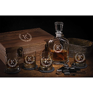 Froolu Personalized Whiskey Set in Wooden Gift Box - Includes Decanter, 4 Scotch Glasses, 4 Natural Slate Coasters, 8 Chilling Stones & Tongs - Great Mens Home Bar Gift for Him, Husband, Dad