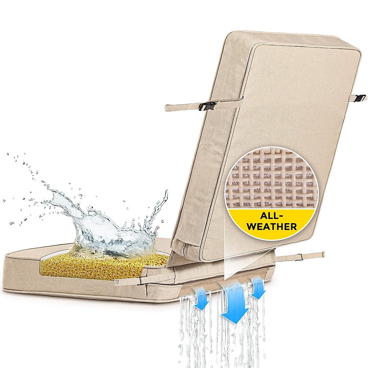 SUNROX DryFast Foam Patio Deep Seating Cushion Set with DryMesh Drainage, All-Weather FadeShield Water Resistant Outdoor Chair Cushion Set 18"x37"x3", Husk Birch