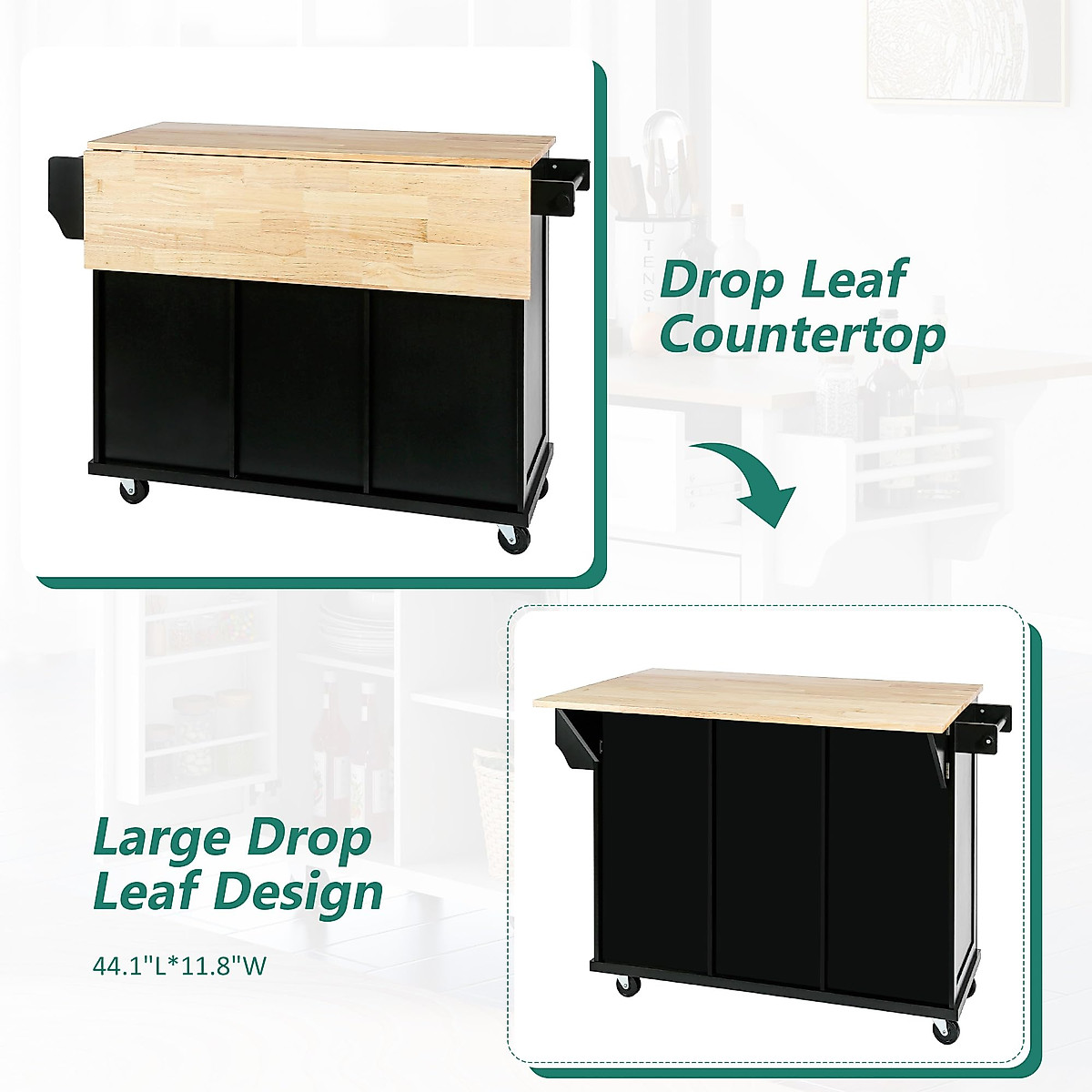 LUMISOL Kitchen Island on 5 Wheels with Wood Drop Leaf, Storage Cabinets and 3 Drawers, Rolling Kitchen Island Cart with Open Storage Shelves, Black
