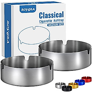 roygra Ashtray 2 Pack, Metal Ashtray - Silver, Medium Size (3.14 x 3.14 x 1.25’’)