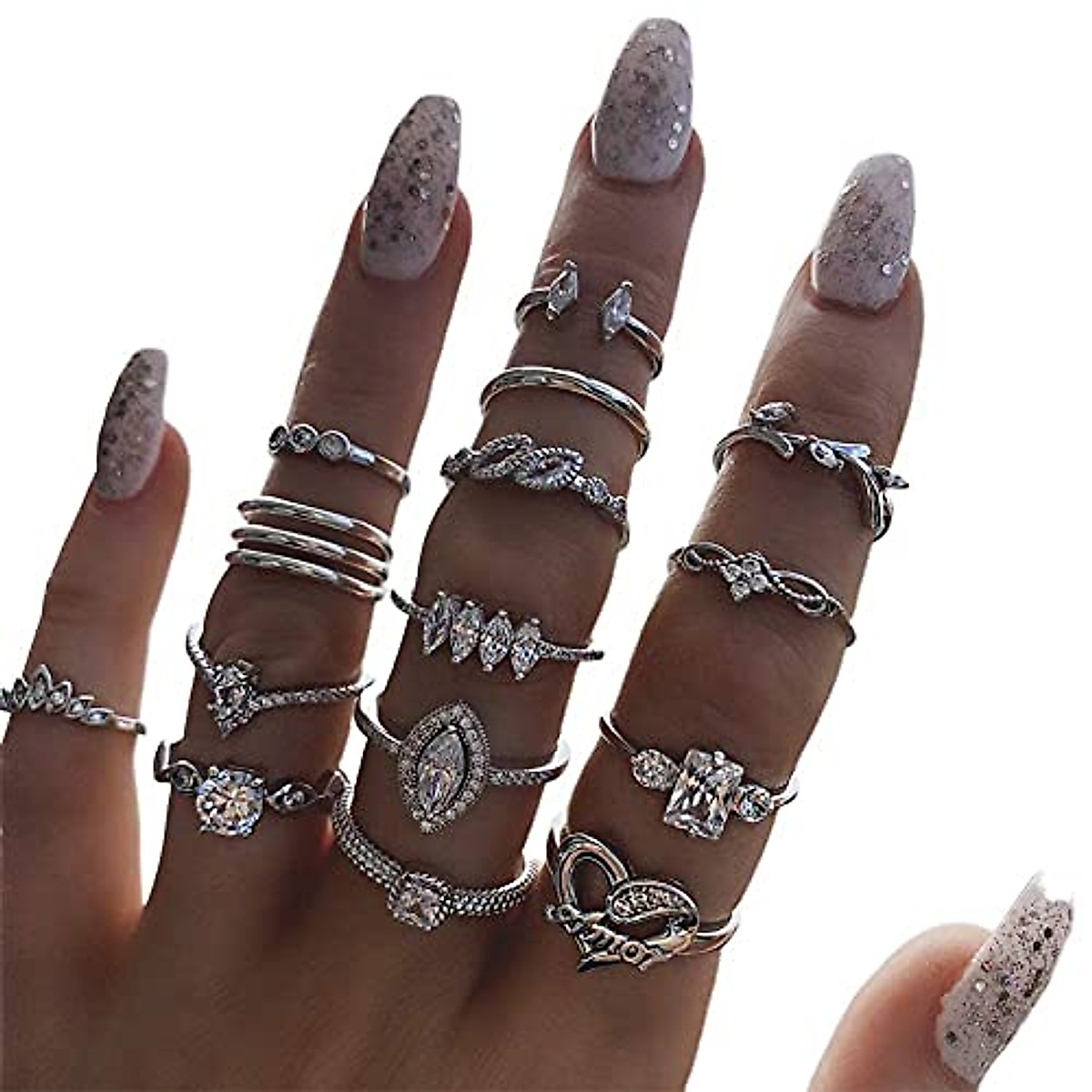wpOP59NE Ring Set, 15Pcs/Set Bohemian Women Heart Rhinestone Stackable Finger Ring Jewelry Gift Silver