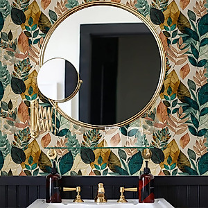 MuralPeel Boho Brown/Green/Yellow Leaf Botanical Plants Peel and Stick Wallpaper Vintage Easy Peel Off Contact Paper Self Adhesive Removable Stick on Wall Paper for Kitchen Cabinet Renter Friendly