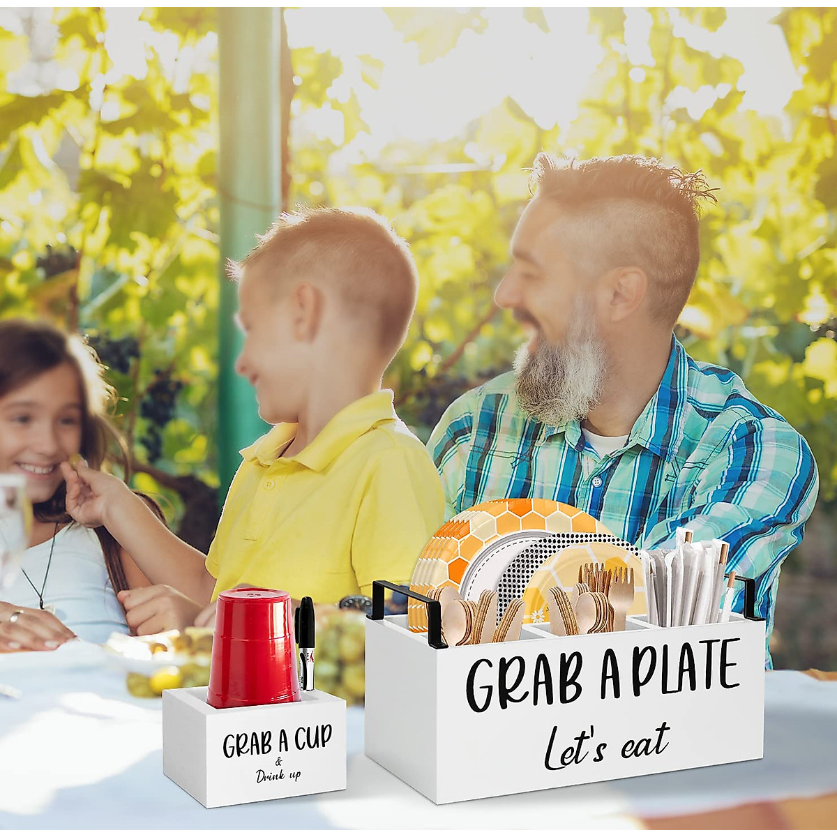 Kitchen Utensil Holder, Kitchen Countertop Plate Organizer with Large Cup Holder, Paper Plate Holders, Disposable Dish Holder and Disposable Cup Holder Utensil Caddy for Kitchen, Party, BBQ(Set of 2)…