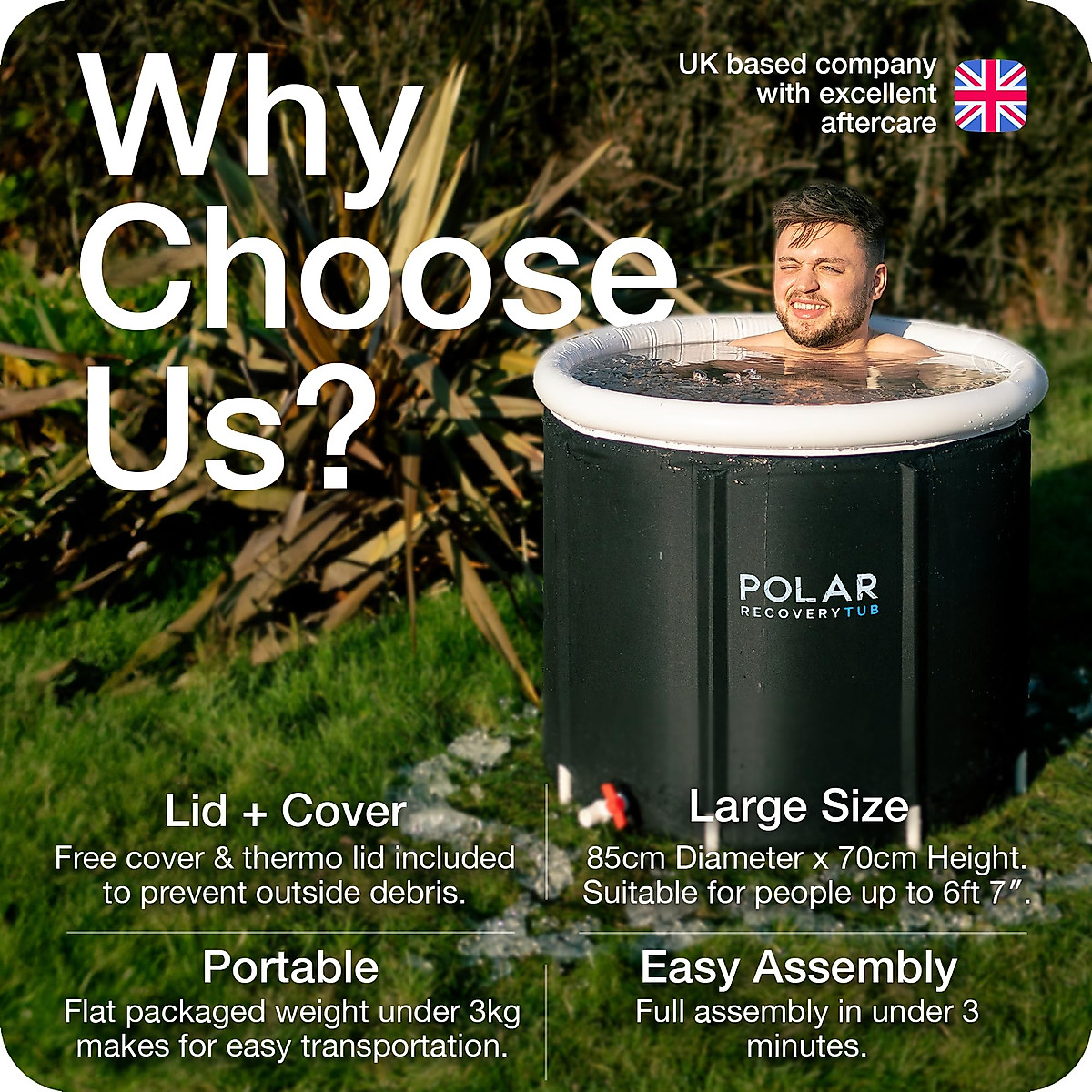 Polar Recovery Tub/ 110 Gallon Portable Ice Bath for Cold Water Therapy Training/an Ice Bathtub for Athletes - Adult Spa for Ice Baths and Soaking - Outdoor Cold therapy tub (Black)