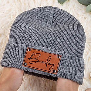Personalized Beanie Hats, Custom Leather Patch Knitted Beanies Infant Toddler Kids Youth Child Baby Newborn Adult Beanie