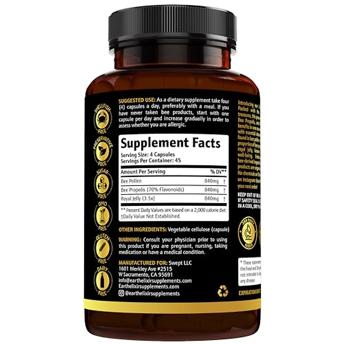 Earth Elixir 3-in-1 Bee Pollen Organic 840mg (180 Caps) W/ 840mg Bee Propolis Capsule & 840mg Royal Jelly Capsule - 3rd Party Tested - Bee Pollen Supplement - Organic Bee Pollen Capsule -No Fillers
