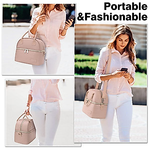 BALORAY Lunch Bag for Women Men, Double Deck Lunch Box for Adults, PU Leather Lunch Tote Bag Insulated Lunch Bags with Strap for Work Office Picnic (Pink)