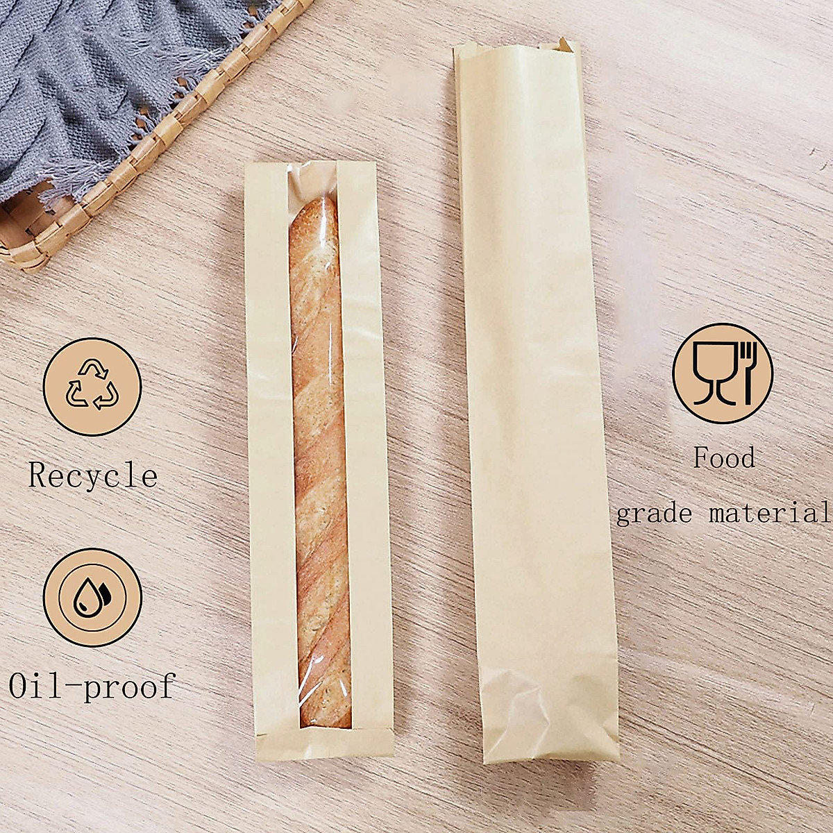 Bewinnd 100 Pack Baguette Bags,Kraft Paper Bread Bags for Homemade Bread, Long French Bread Bags with Clear Front Window(23.5 x 4.3 x 1.6 Inch)