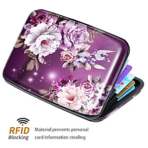 Credit Card Holder for Women,RFID Blocking Slim Hard Mini Flowers Card Case ID Case Travel Wallet Purple