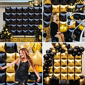 Palksky Black Gold Balloon Backdrop Wall, 25PCS Double Sided Square Foil Balloons, Aluminum Foil Balloons for New Year,Graduation,Birthday,Anniversary,Baby Shower,Retirement Party Decoration Supplies