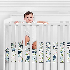 Sweet Jojo Designs Floral Girl Jersey Stretch Knit Baby Fitted Crib Sheet for Soft Toddler Bed Nursery - Navy Blue and Blush Pink Boho Shabby Chic Rose Watercolor Flower