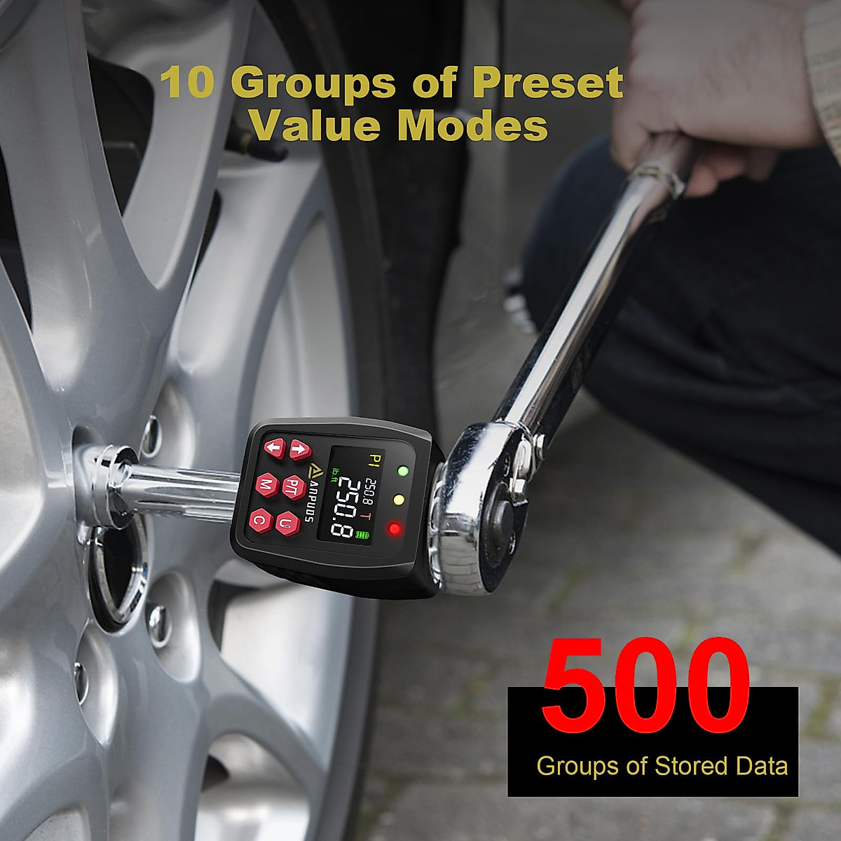 ANPUDS 1/2" Digital Torque Adapter, 12.5-250.8 Ft-lb/17-340 Nm, Digital Torque Wrench Converter with ±1% Accuracy, Preset Value, Data Storage, Buzzer & LED Indicators, 3/8'' & 1/4'' Adapters for Car